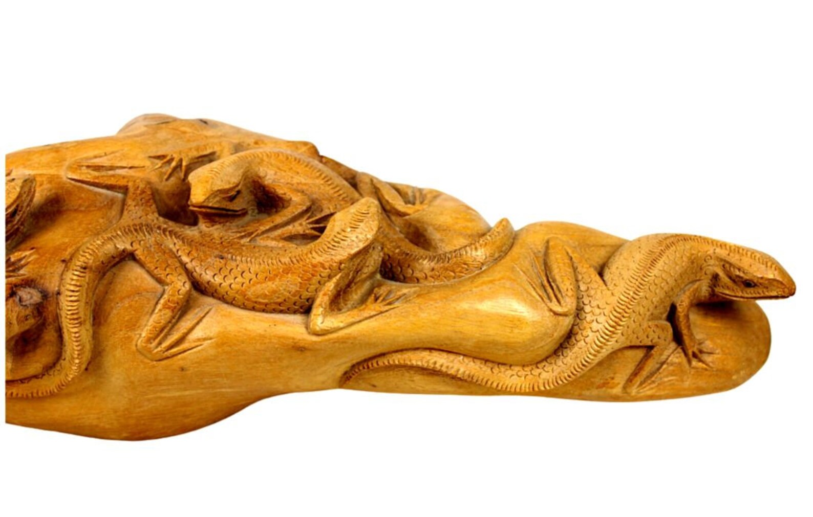 Wood Reptile Sculpture Hand Carved Folk Art 5 Lizards on Burlwood ...