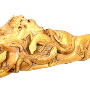 Wood Reptile Sculpture Hand Carved Folk Art 5 Lizards on Burlwood ...