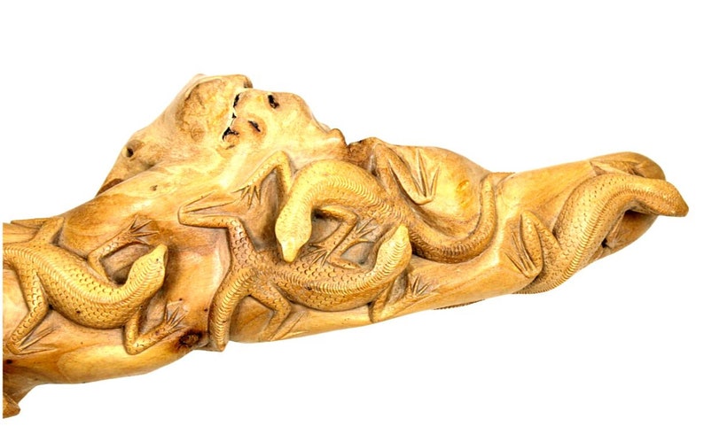 Wood Reptile Sculpture Hand Carved Folk Art 5 Lizards on Burlwood ...