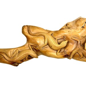 Wood Reptile Sculpture Hand Carved Folk Art 5 Lizards on Burlwood ...