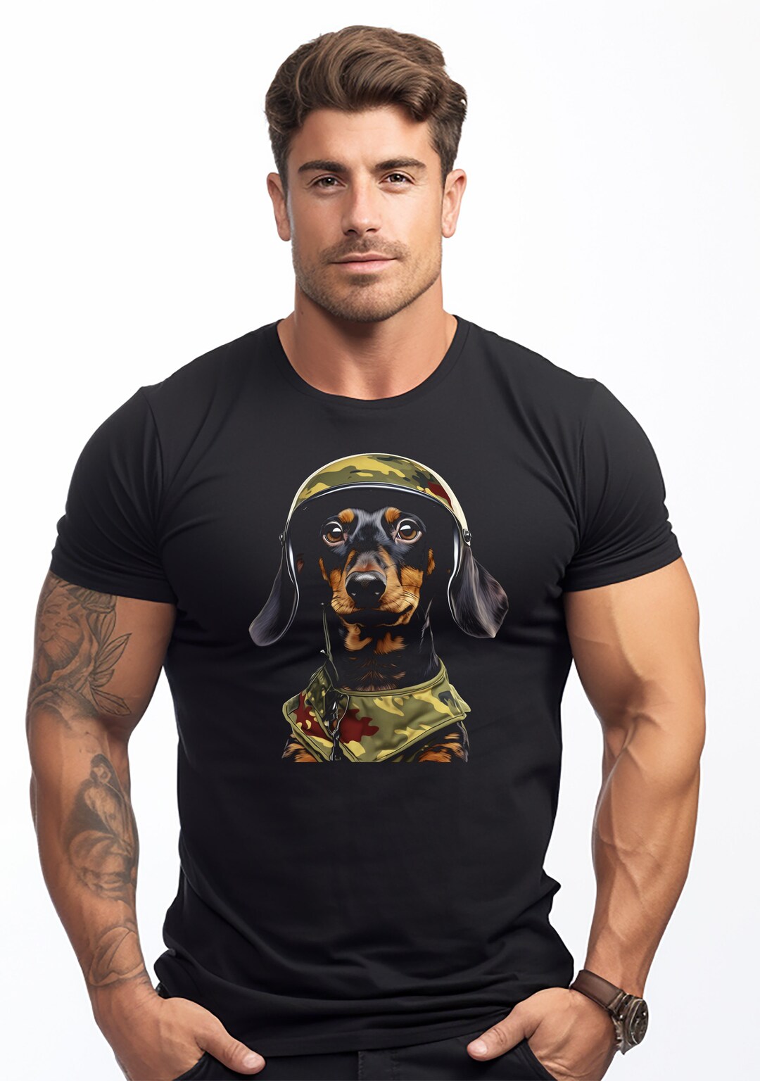 Cute Dachshund Dog in Military Uniform Graphic Tee Adorable Army ...