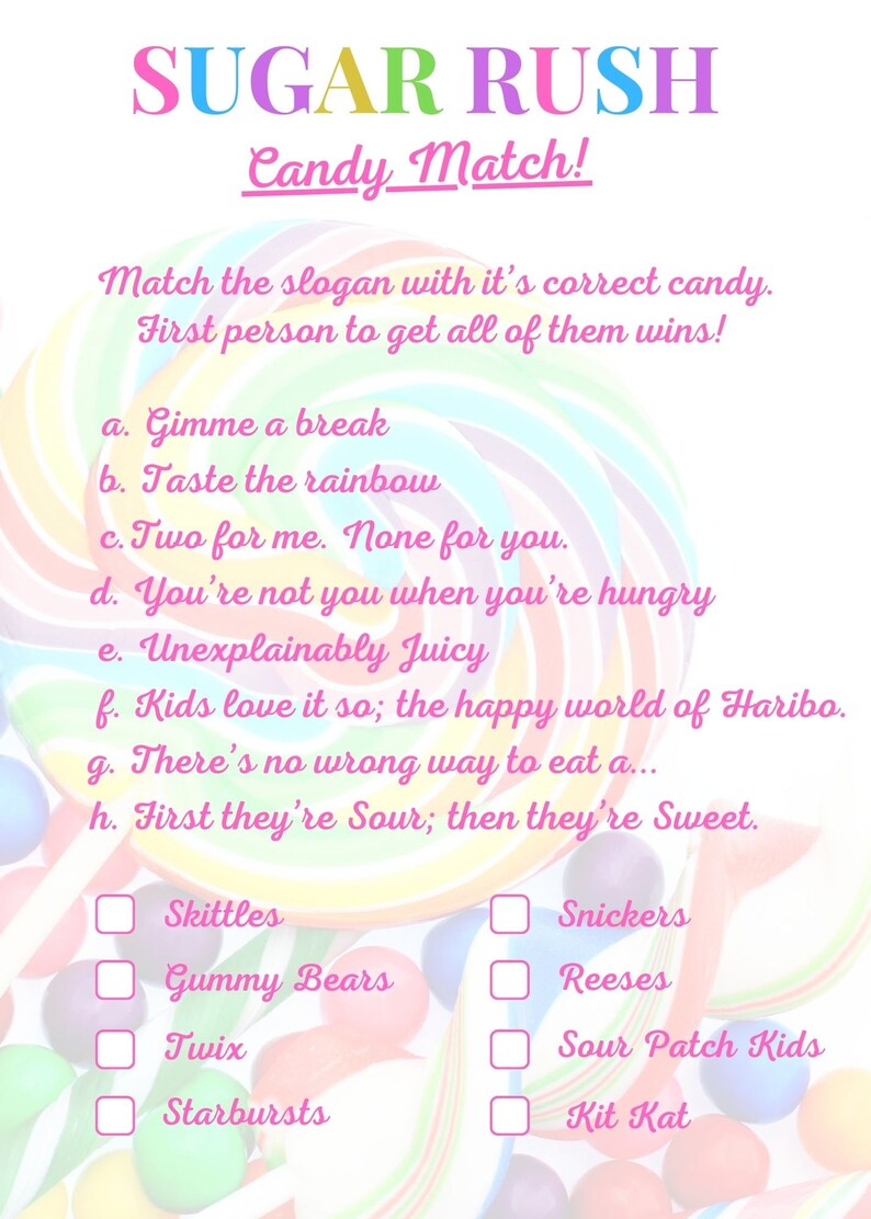 Sleepover Game Sheets Sugar Rush Theme - Etsy