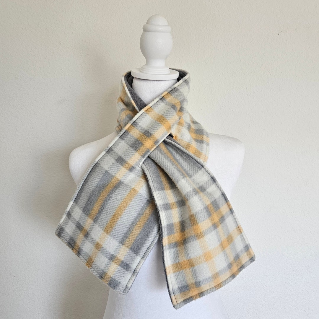 Gray & Yellow Plaid Fleece Keyhole Scarf Pull Through Scarf Neck Warmer ...