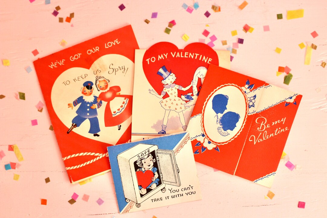 Midcentury Valentines Day Card Set of 4, Vintage 1950s Red Blue ...