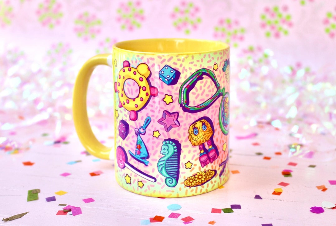 Retro Kids Ceramic Coffee Mugs, Cute Yellow Beach Drinkware, 80s 90s ...