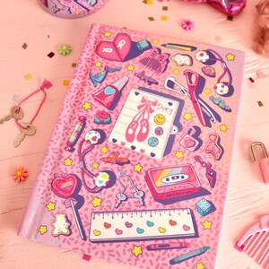 Retro Art Print Hardcover Notebook, Pink Purple 80s Toys Junk Journal ...