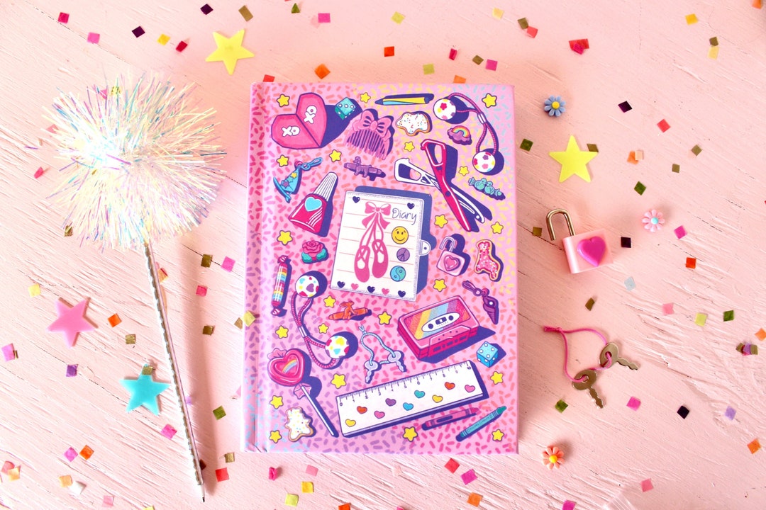 Retro Art Print Hardcover Notebook, Pink Purple 80s Toys Junk Journal ...