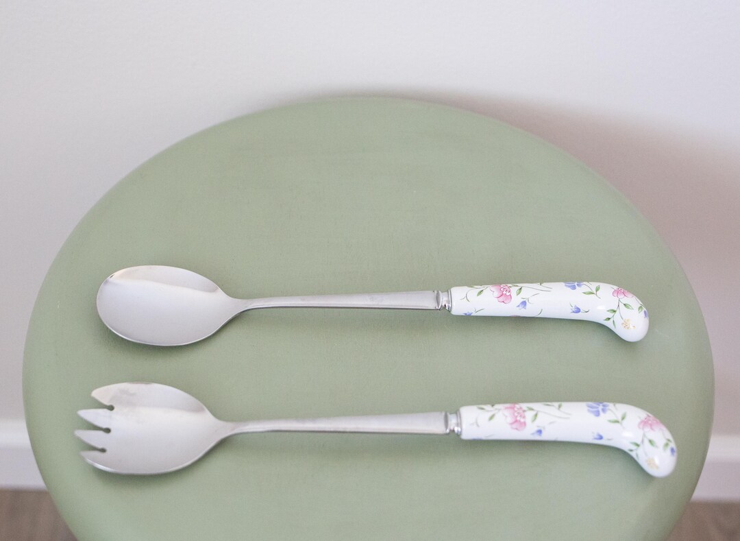 Vintage Metal Ceramic Serving Spoons Set of 2, Vintage Decorative ...