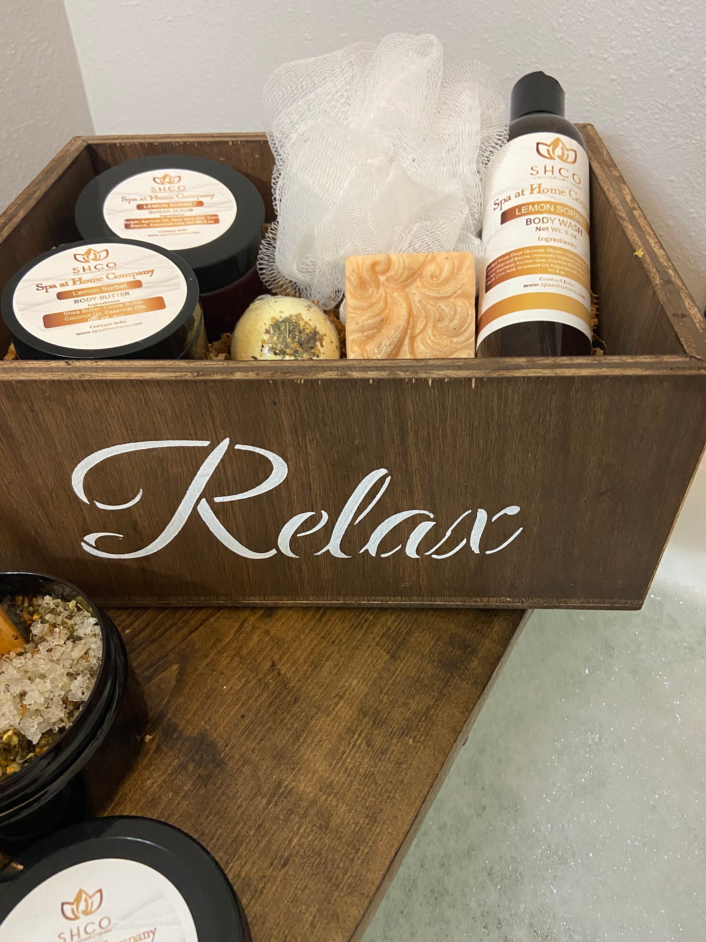 Home Spa Set in Keepsake Wooden Crate Gift Set Care Package Box Organic ...
