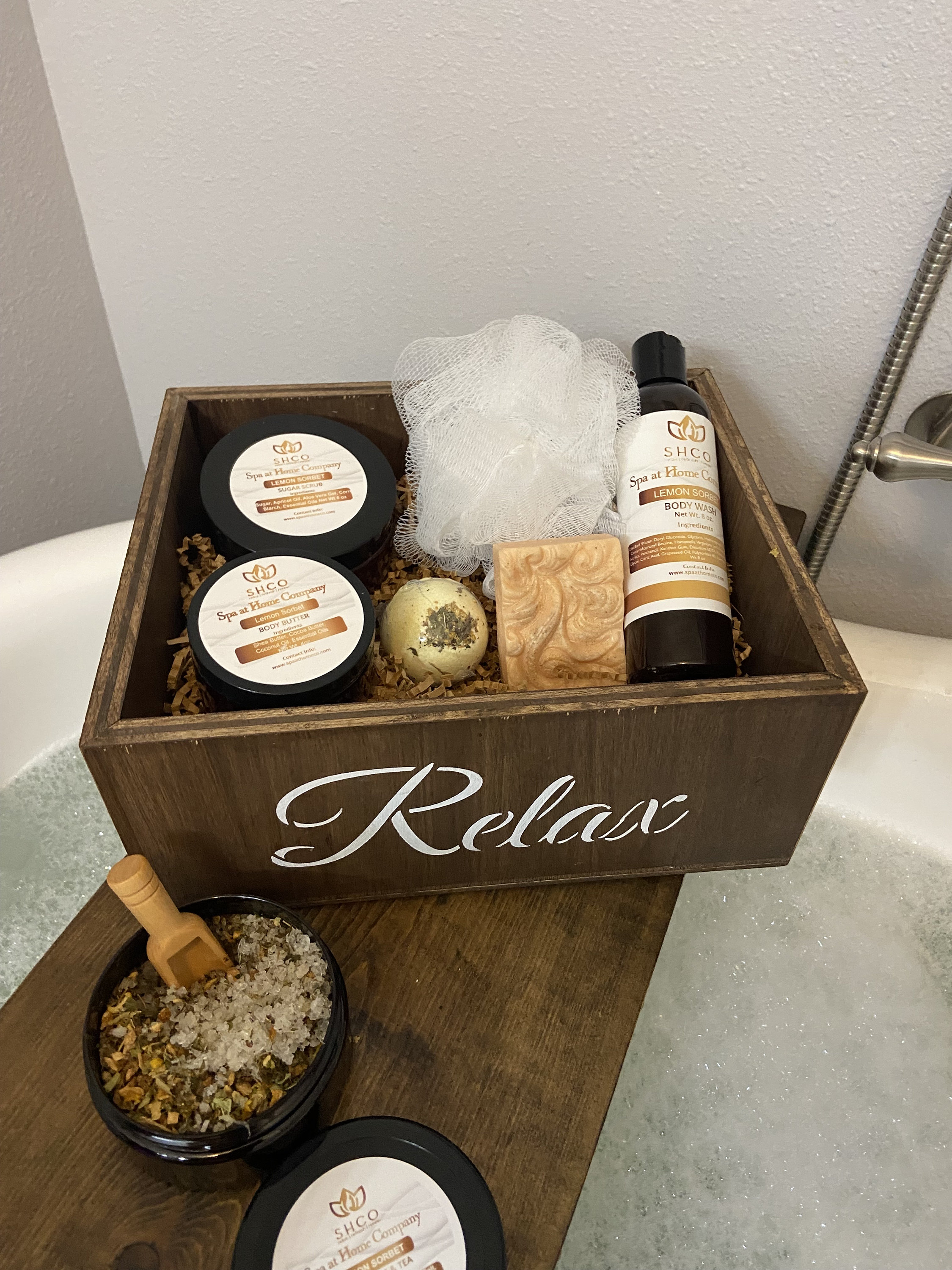 Home Spa Set in Keepsake Wooden Crate Gift Set Care Package Box Organic ...
