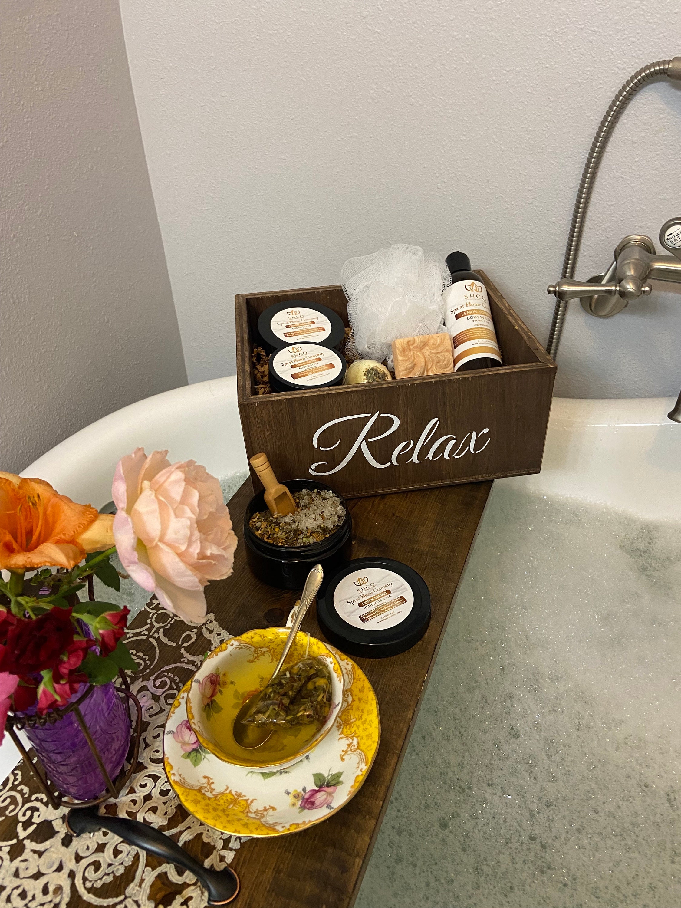 Home Spa Set in Keepsake Wooden Crate Gift Set Care Package Box Organic ...