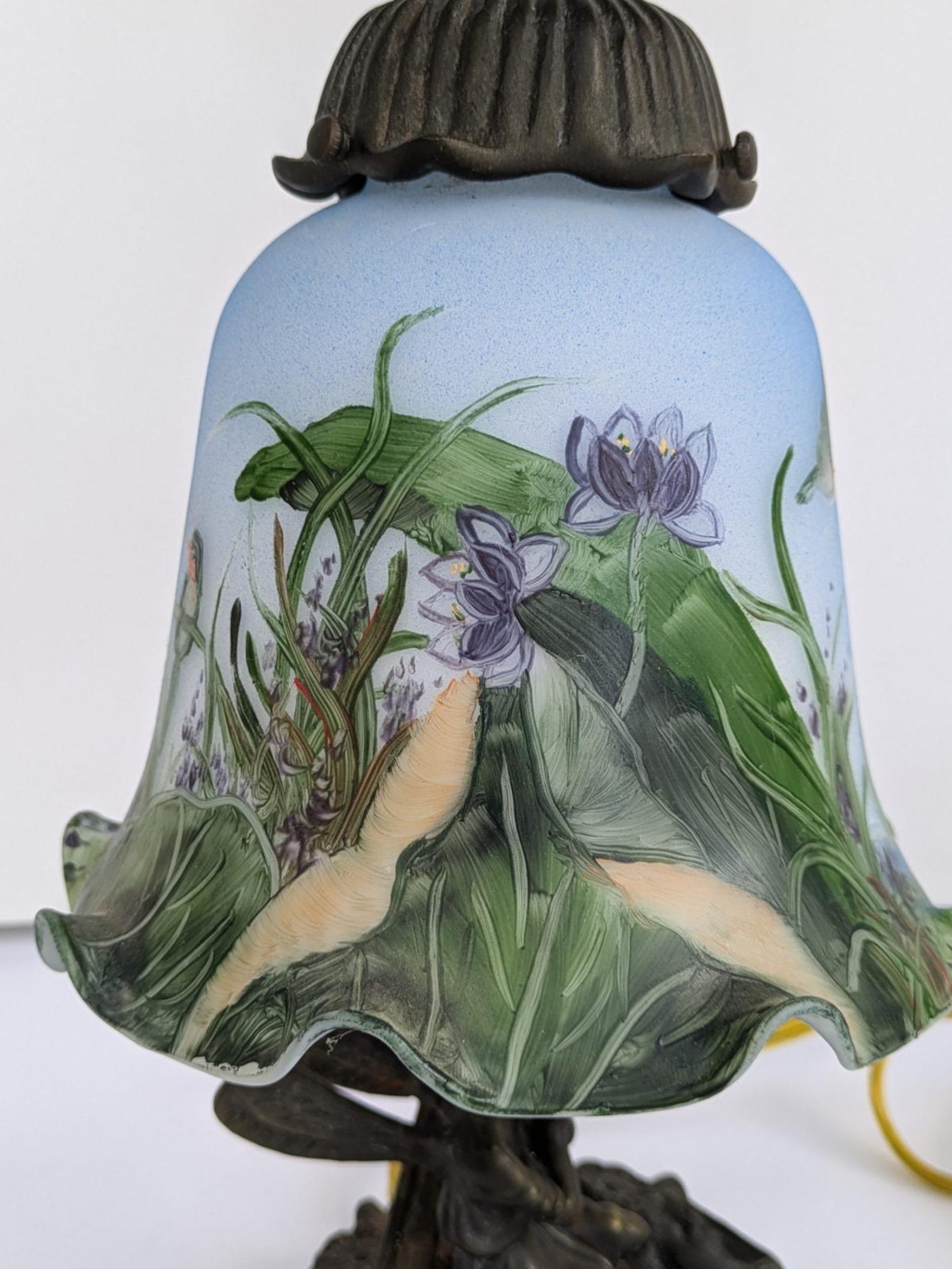 VTG Bronze Desk Lamp Girl Fairy Pixie Praying Lily Hand Painted Shade ...