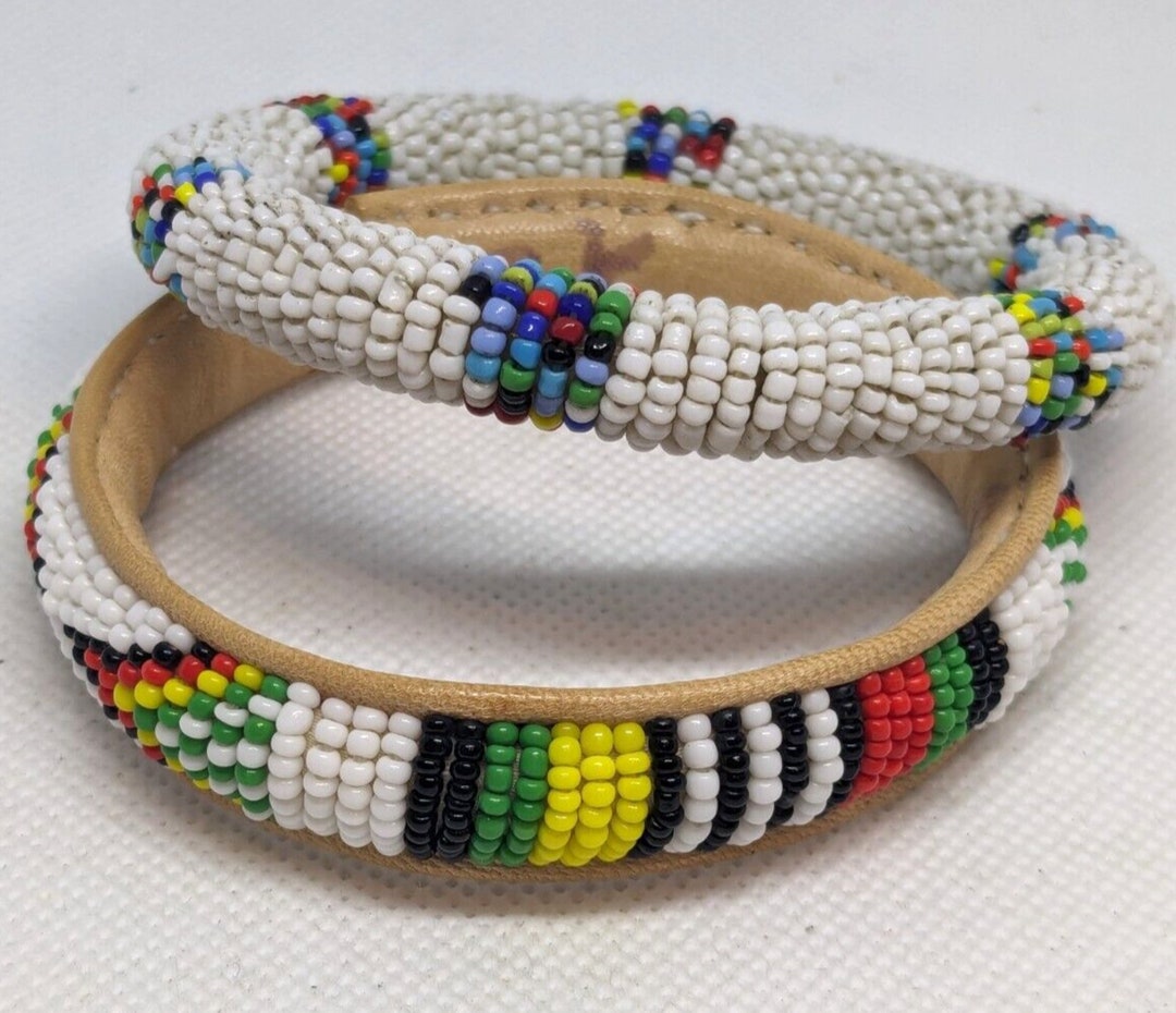 Maasai & Leather African White Mixed Color Tribal Ethnic Bangle ...