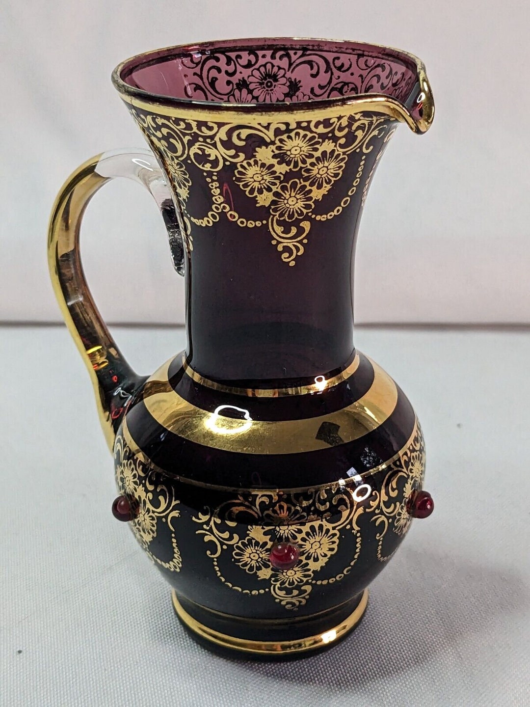 Vintage Antique Dark Purple Glass Vase Pitcher W/ Red Stones Gold ...