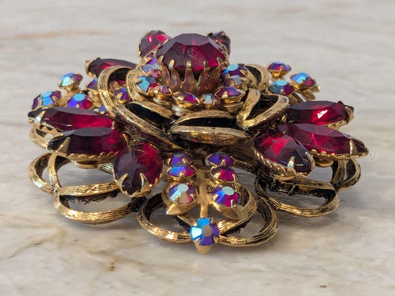 Vintage Signed Selro Selini Deep Red Aurora Borealis Brooch Pin ...