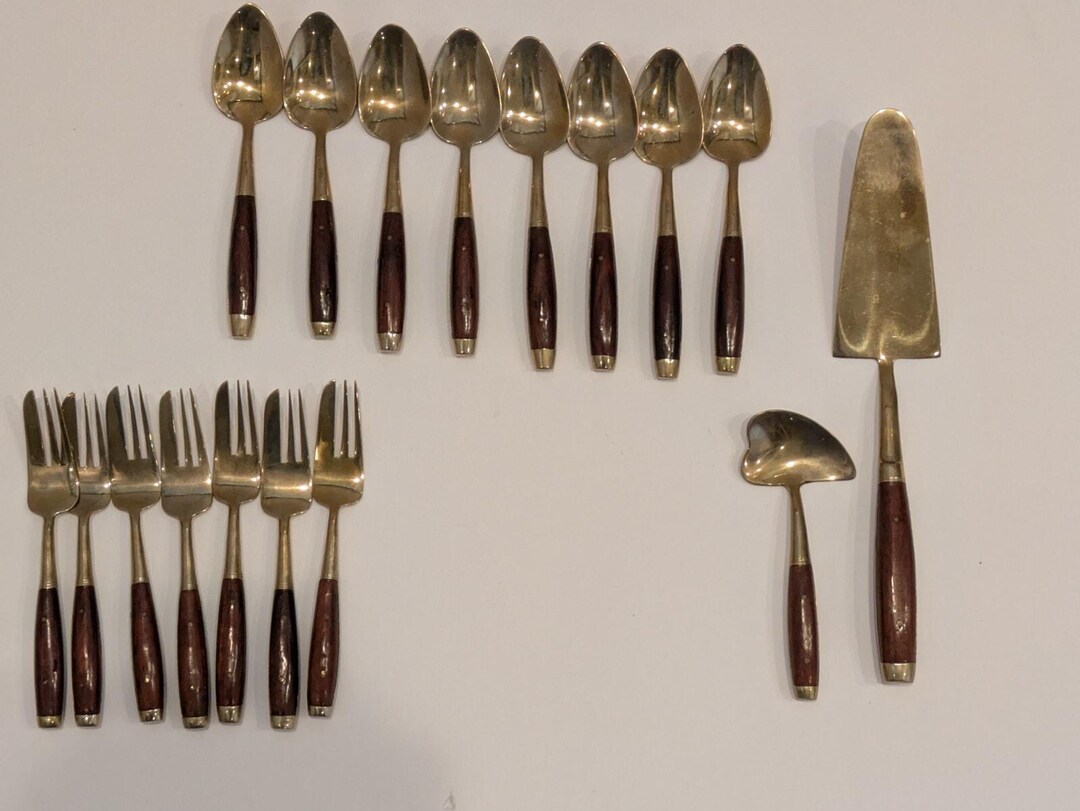 VTG 18 Pc Brass & Rosewood Handle Dessert Set Bangkok Thailand Mid ...