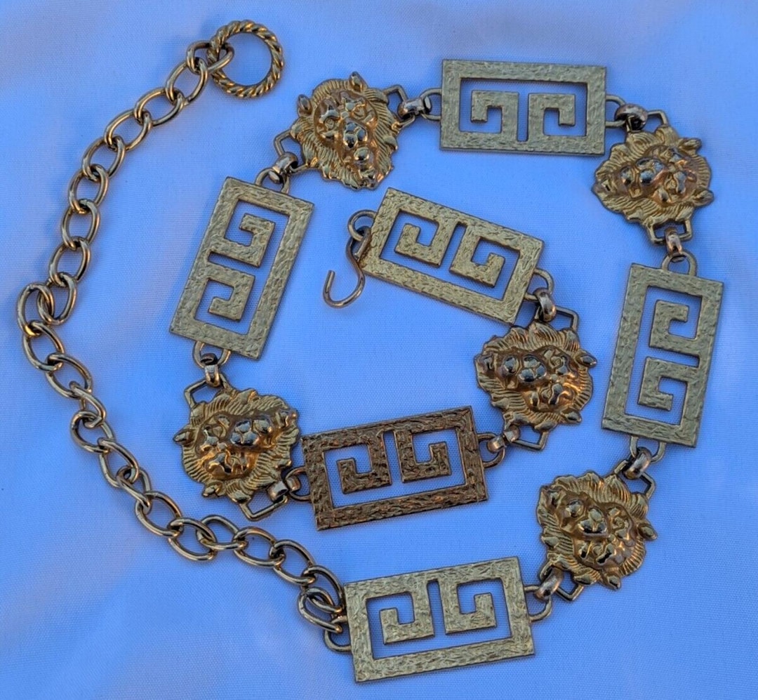 Vintage Gold Tone Lion Head Chain Statement Belt Greek Key Chunky Glam ...