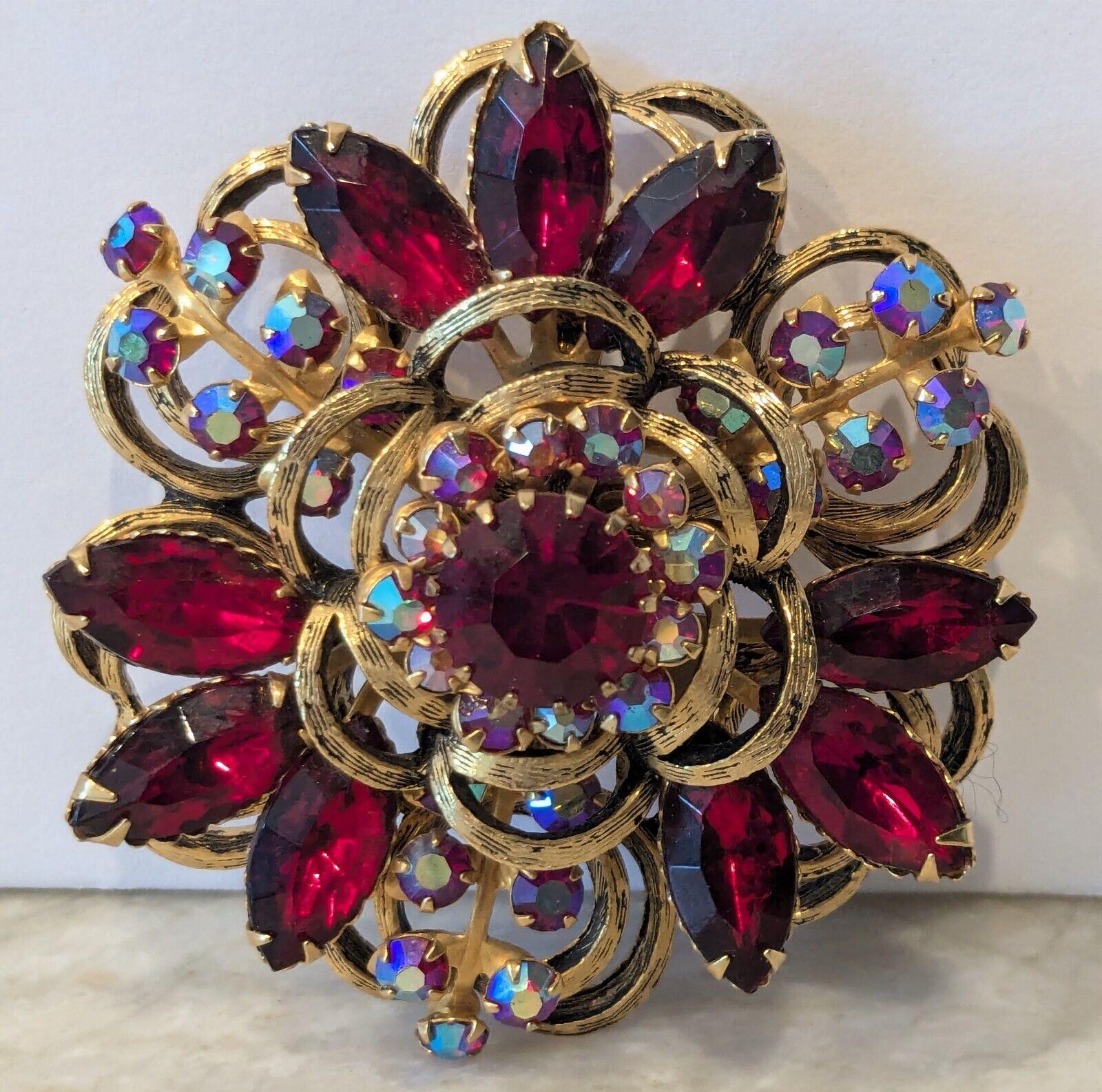 Vintage Signed Selro Selini Deep Red Aurora Borealis Brooch Pin ...