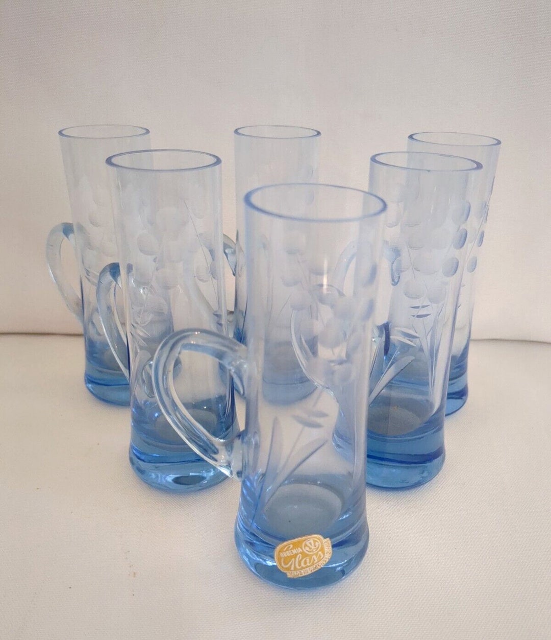 Bohemian Glass Blue Shot Glass Set of 6 Hand Blown Etched - Etsy
