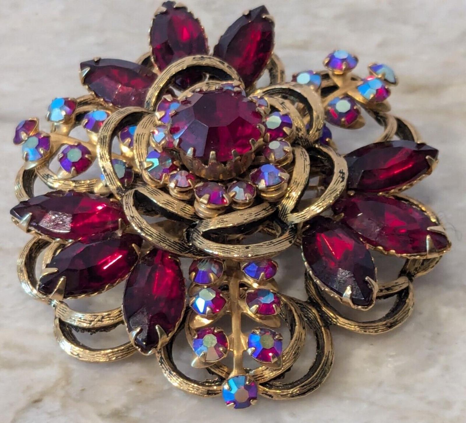 Vintage Signed Selro Selini Deep Red Aurora Borealis Brooch Pin ...
