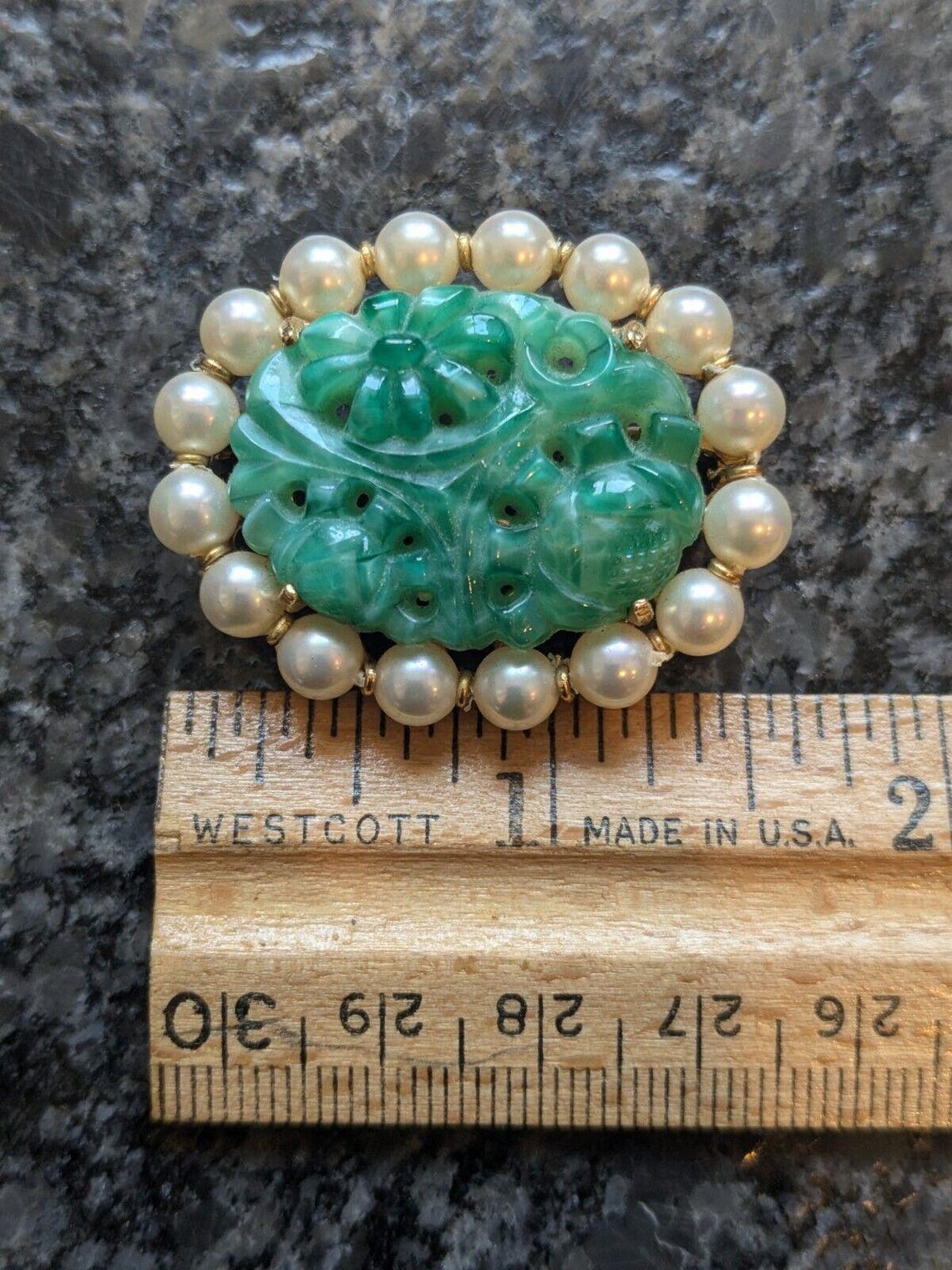 VINTAGE Marvella Faux Carved Jade Perking Brooch & Earrings Set Pearls ...