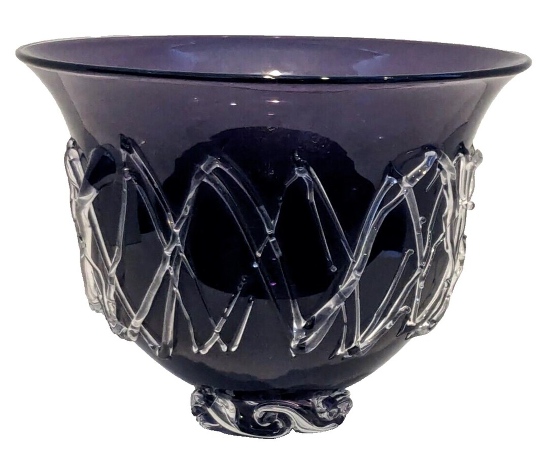 David Lindsay Studio Blown Art Glass Purple Applied Wave Base Bowl ...