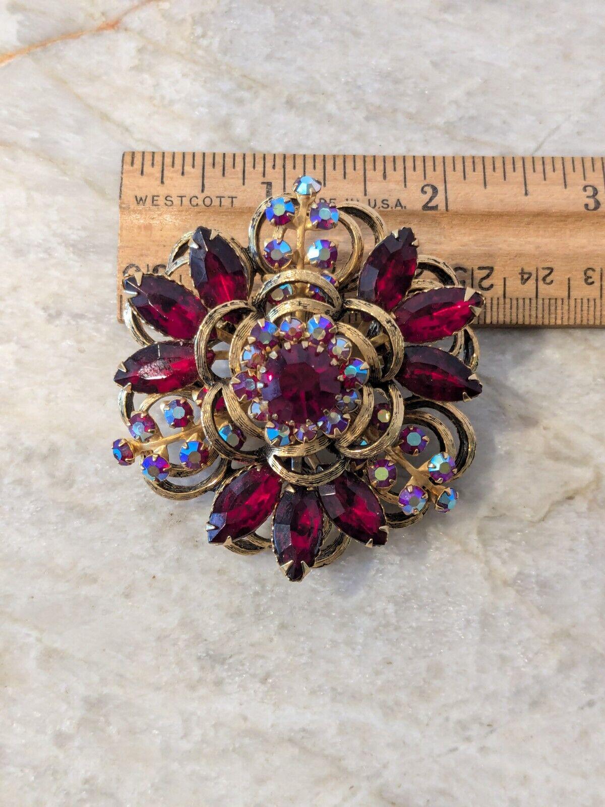Vintage Signed Selro Selini Deep Red Aurora Borealis Brooch Pin ...