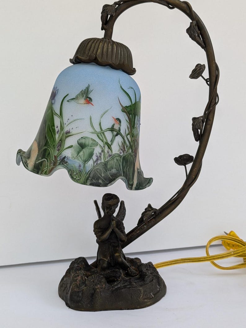 VTG Bronze Desk Lamp Girl Fairy Pixie Praying Lily Hand Painted Shade ...