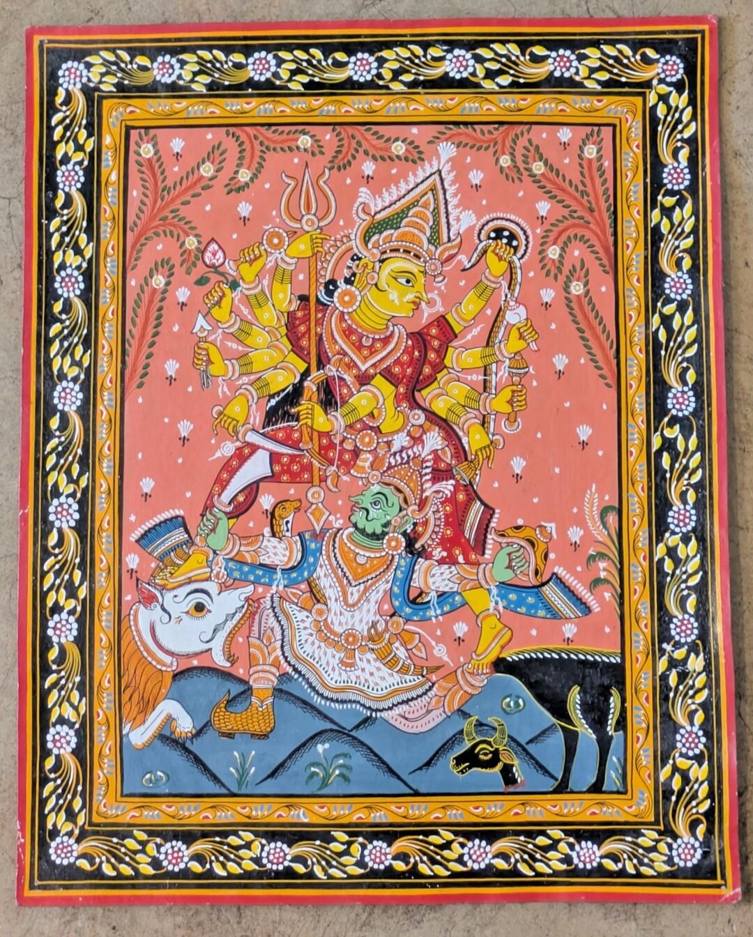 VTG Pattachitra Painting Goddess Durga Slaying the Buffalo Demon ...