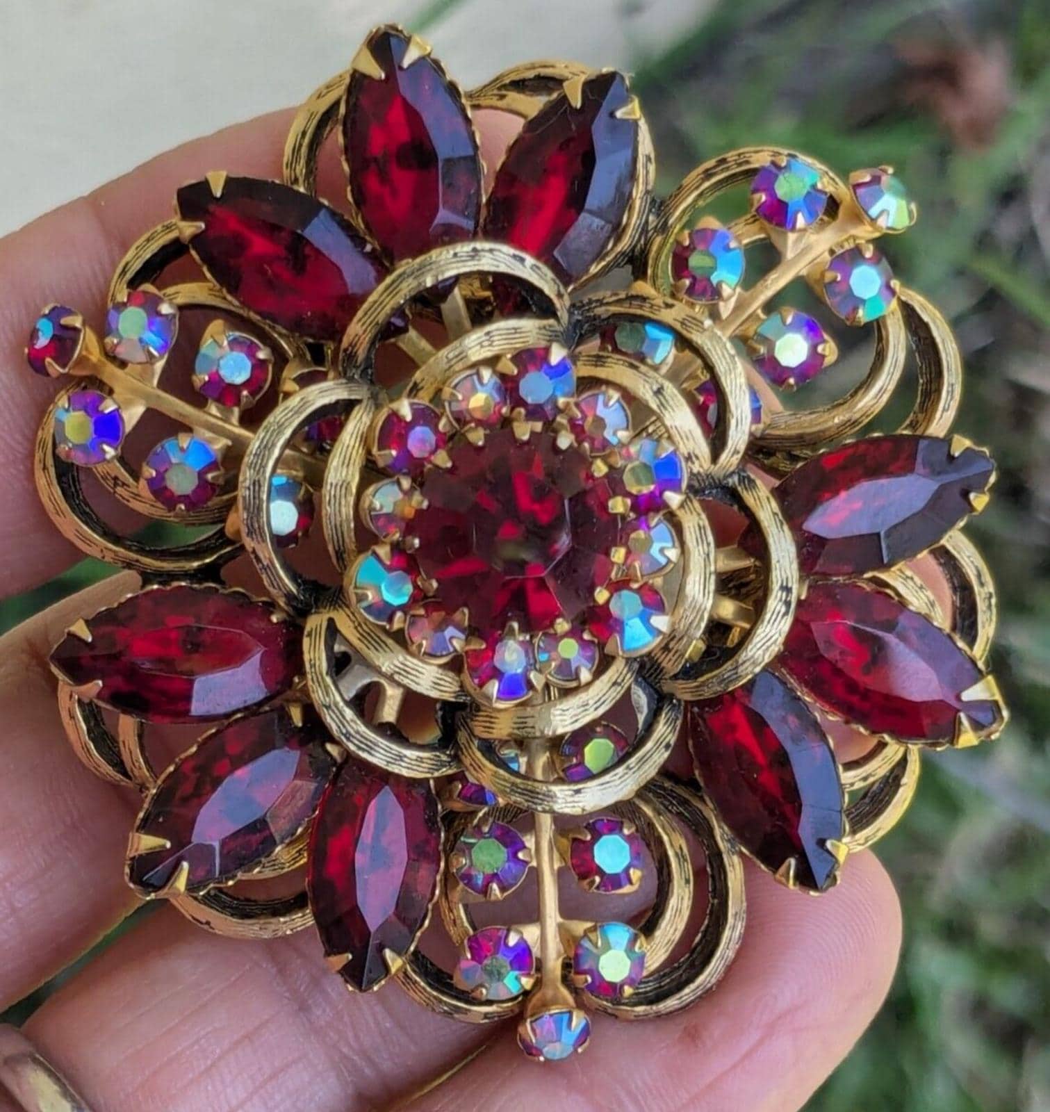 Vintage Signed Selro Selini Deep Red Aurora Borealis Brooch Pin ...