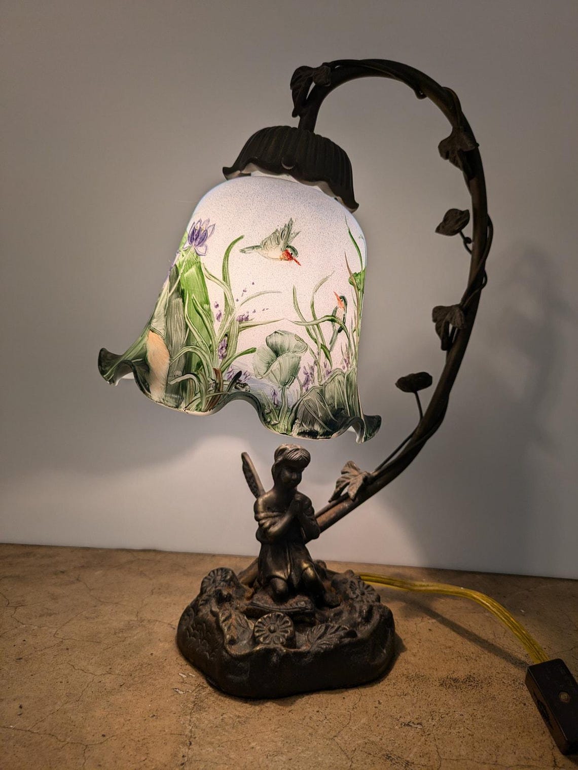VTG Bronze Desk Lamp Girl Fairy Pixie Praying Lily Hand Painted Shade ...