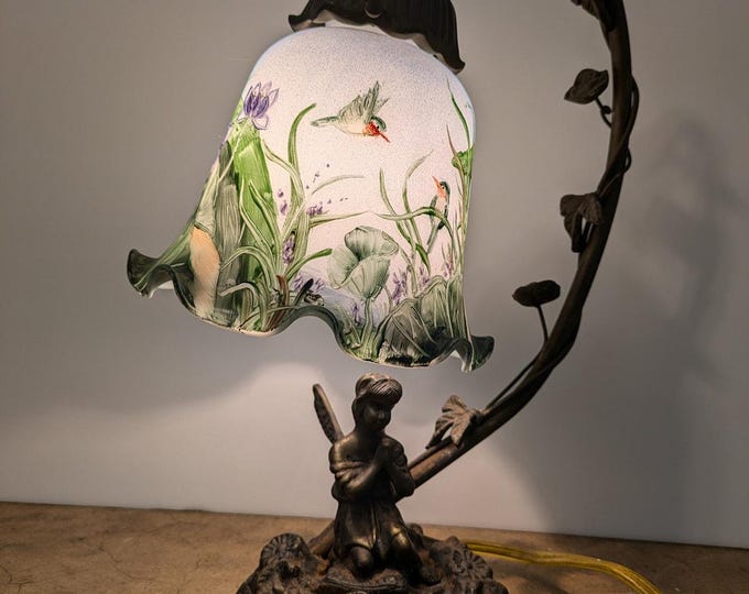 VTG Bronze Desk Lamp Girl Fairy Pixie Praying Lily Hand Painted Shade ...