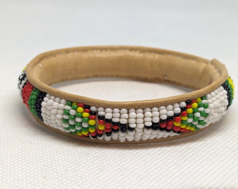 Maasai & Leather African White Mixed Color Tribal Ethnic Bangle ...