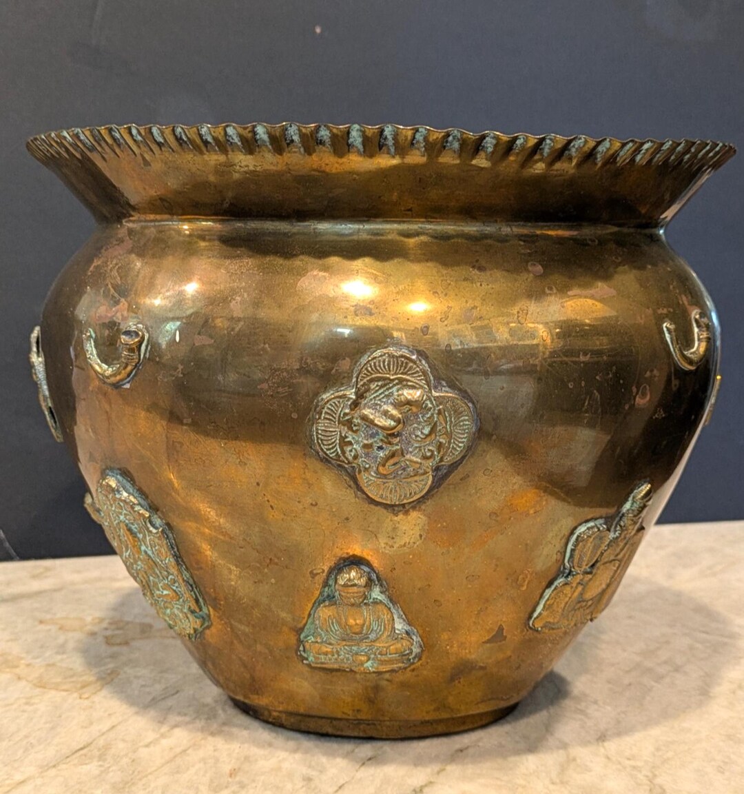 Vtg Aged Rustic Brass 8" Tibetan Buddhist India Planter Vase Green ...