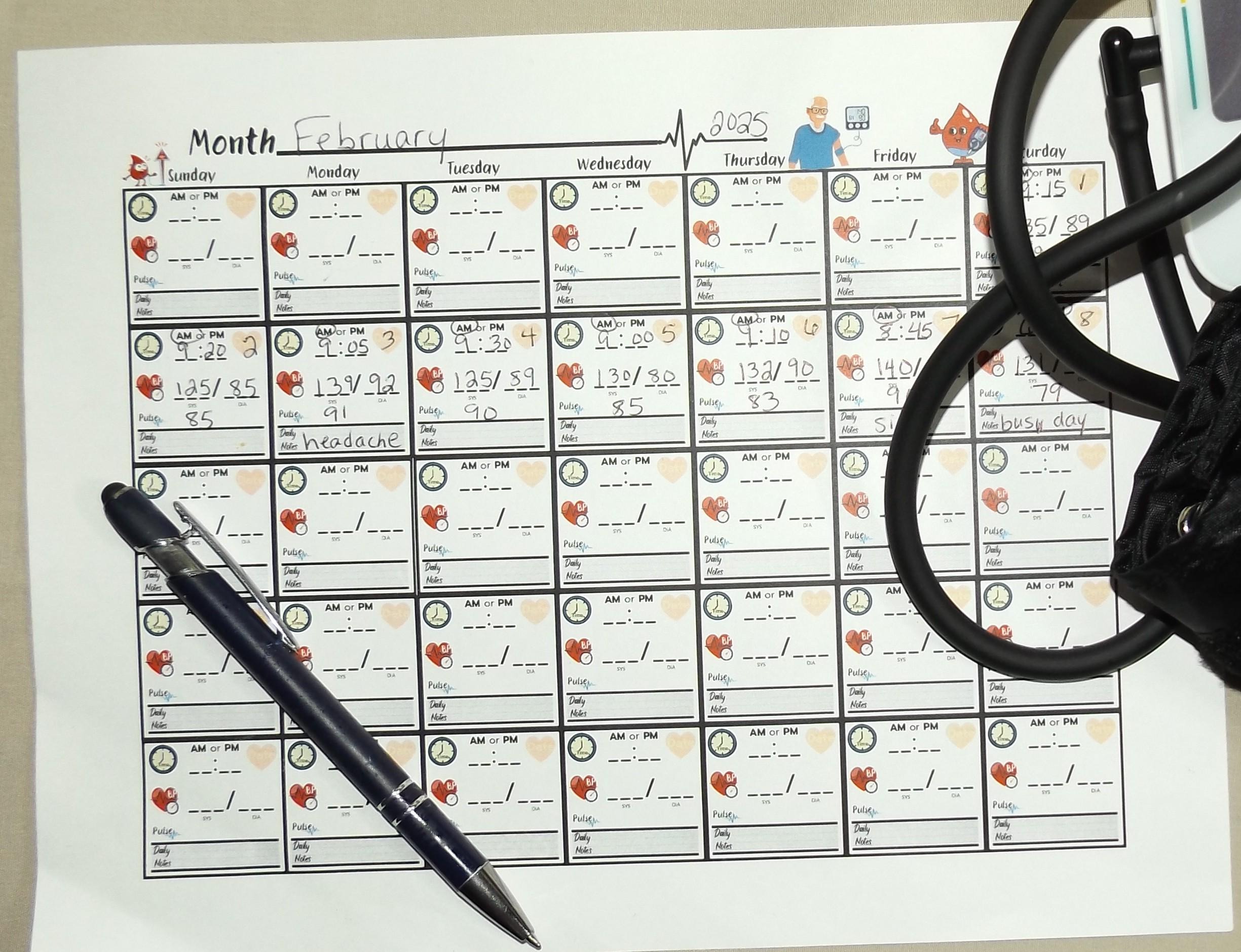 Printable Blood Pressure Calendar Tracker Chart — A4 & US Letter Sizes ...