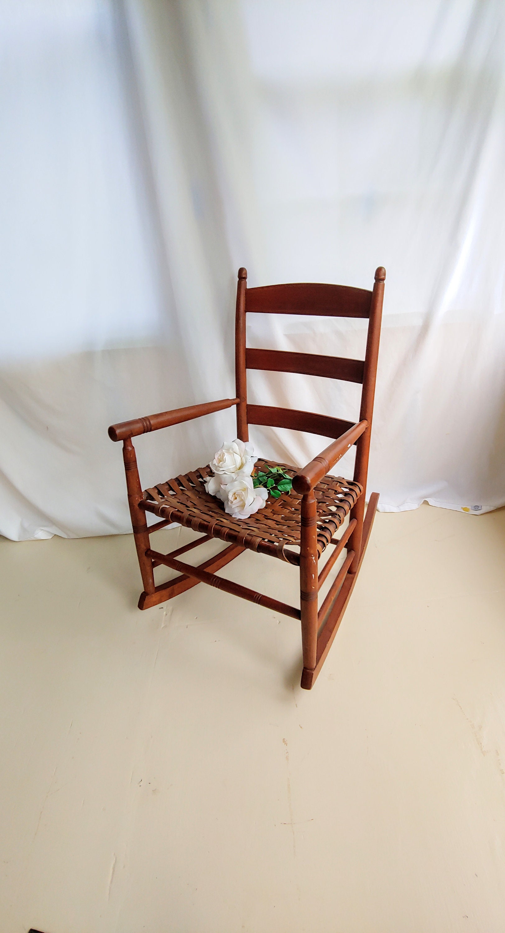 Beautiful Antique Wooden Shaker Split Woven Seat Kids Rocking Chair ...