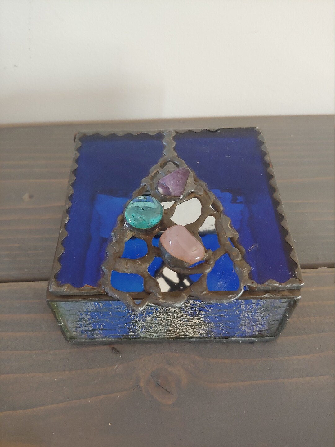 Stained Glass Tinket Box With Stones on Top-mirror Inside-vanity ...