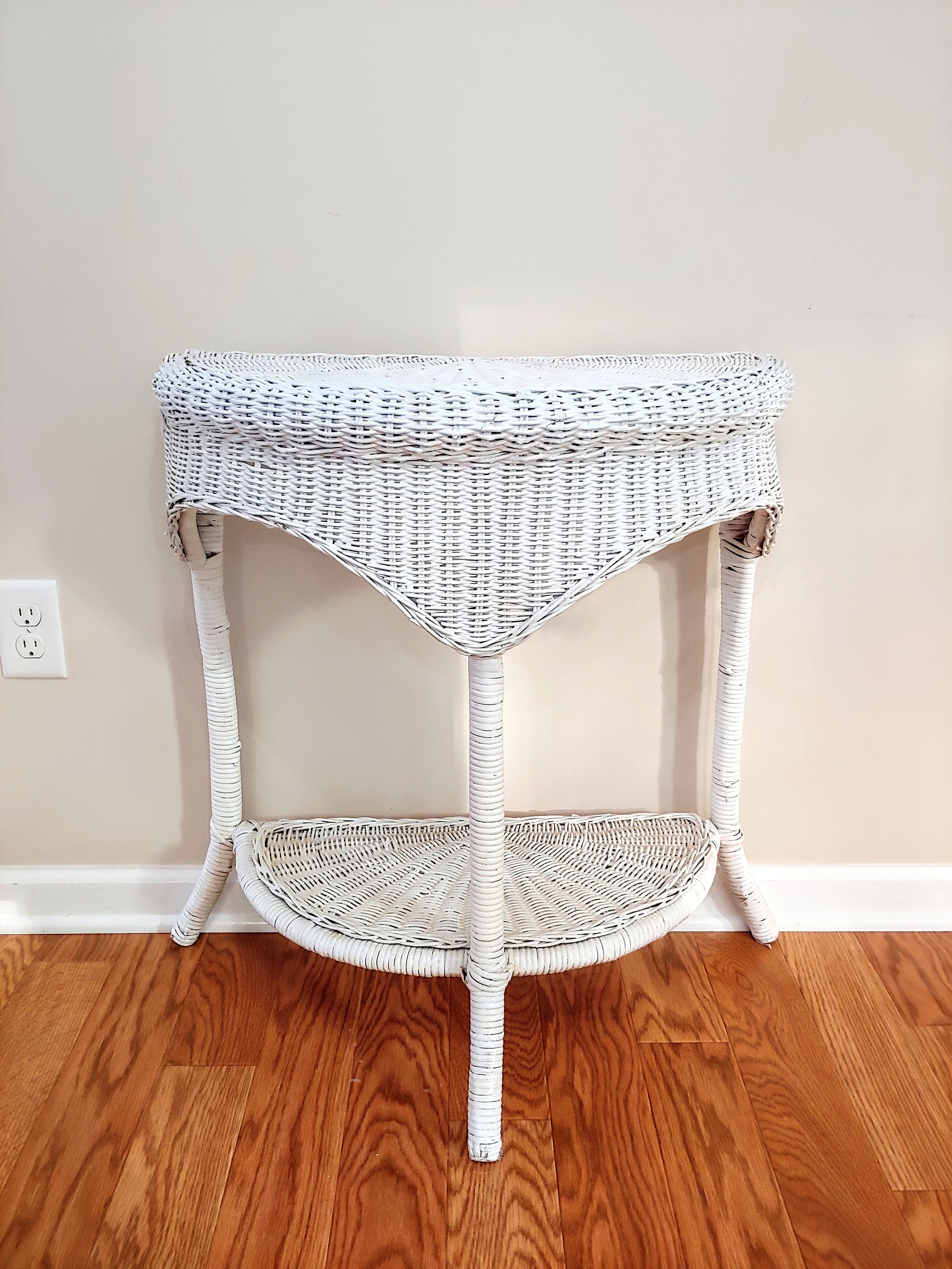 Vintage Half Round White Wooden Wicker Accent Table Half Circle Table ...