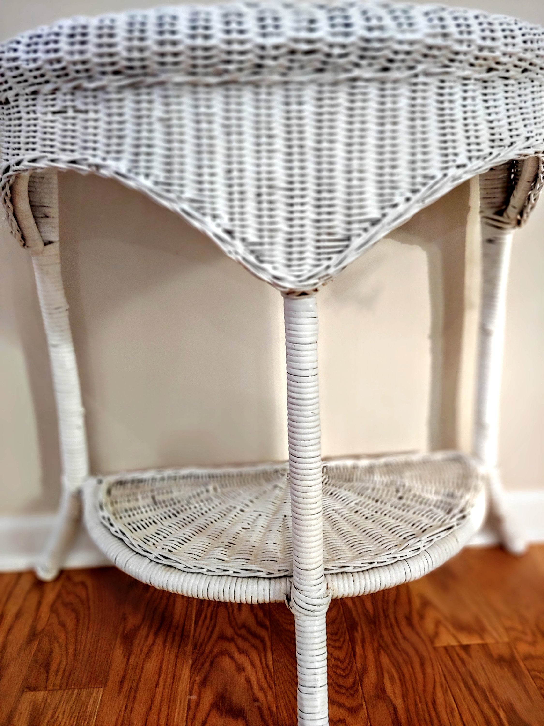 Vintage Half Round White Wooden Wicker Accent Table Half Circle Table ...