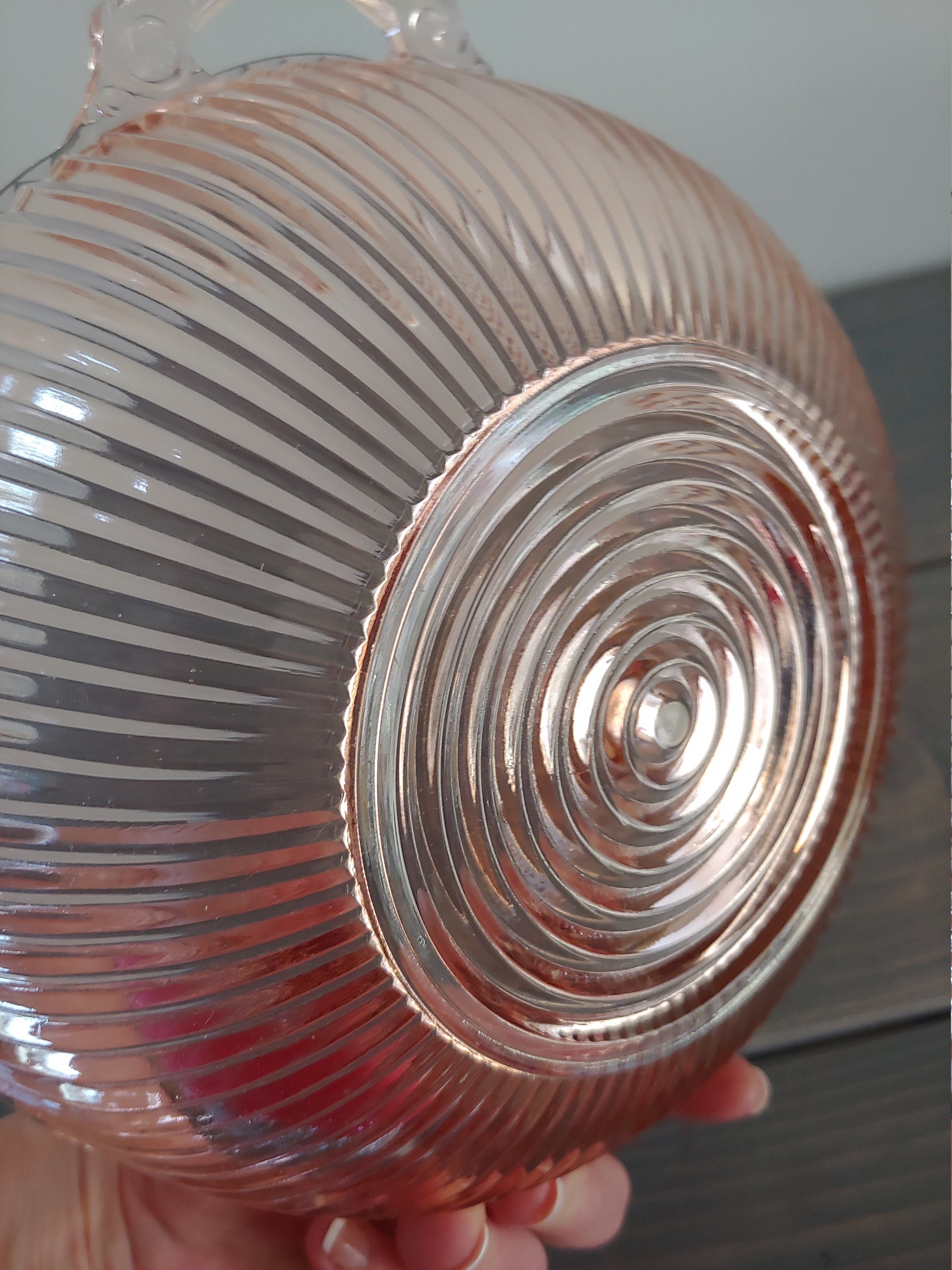 Pink Depression Ribbed Glass Bowl-open Handled Scrolls Vintage - Etsy