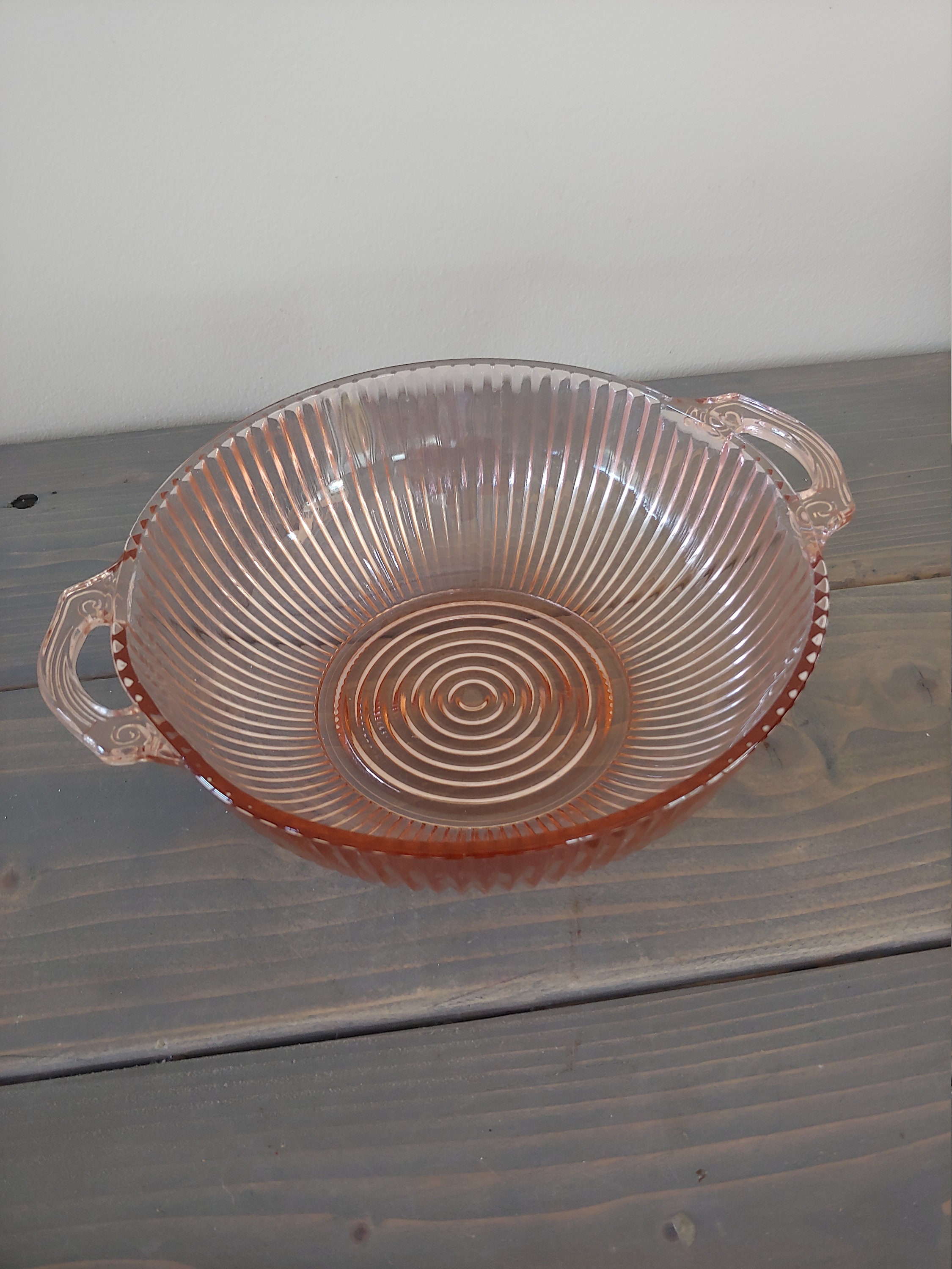 Pink Depression Ribbed Glass Bowl-open Handled Scrolls Vintage Glass ...