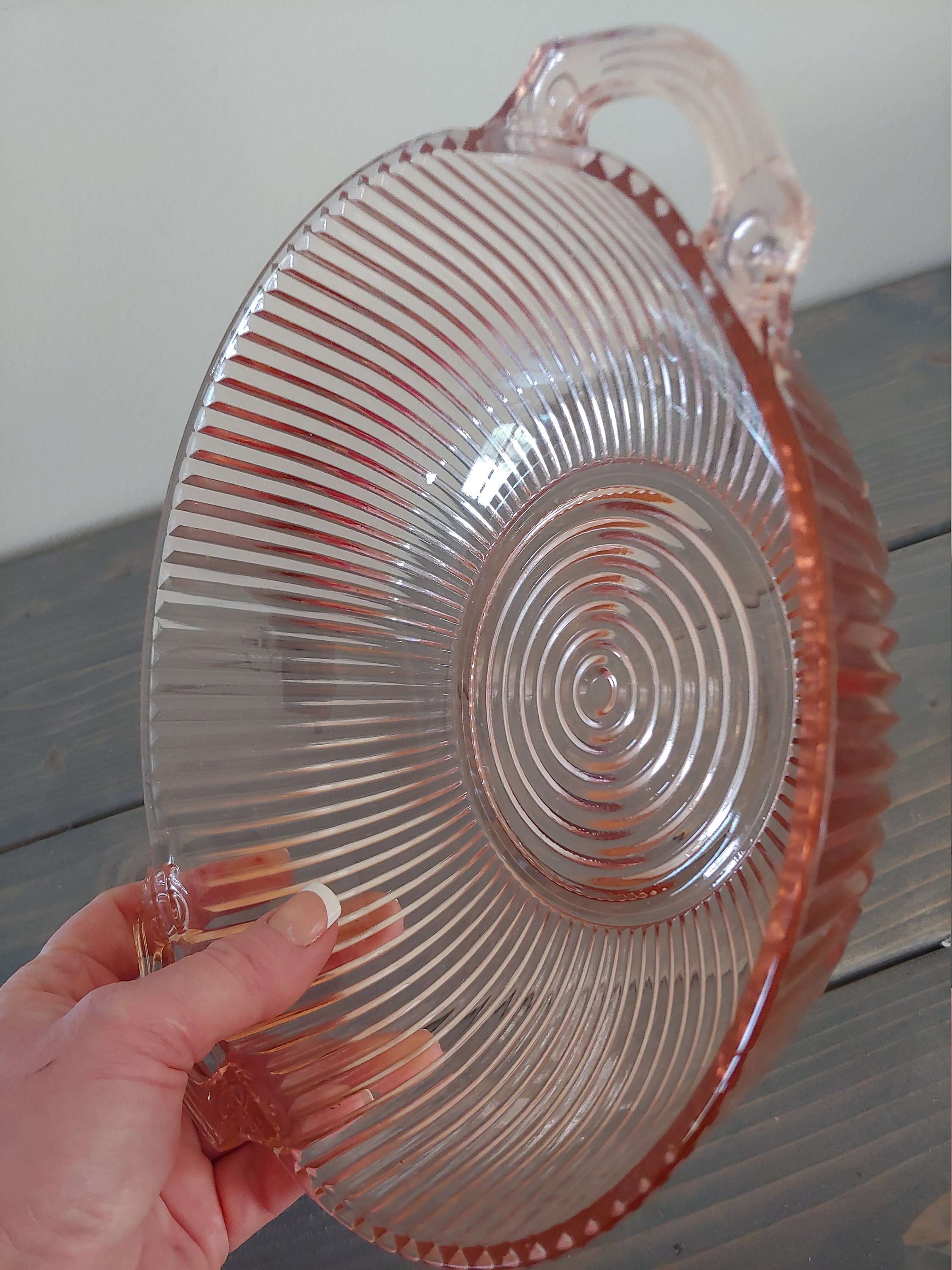 Pink Depression Ribbed Glass Bowl-open Handled Scrolls Vintage - Etsy