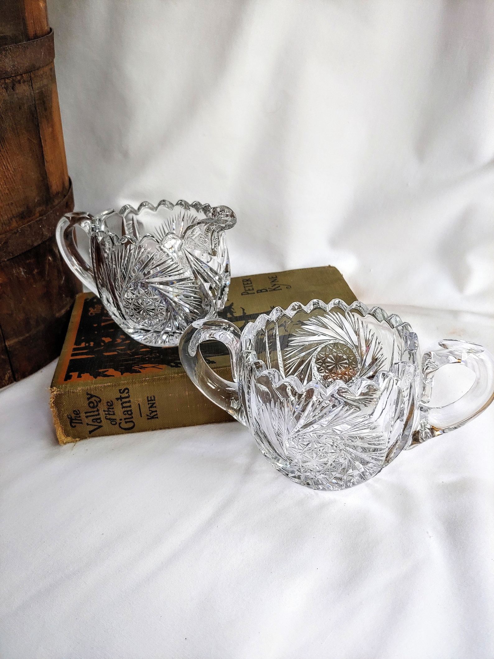 ABP Creamer & Sugar Bowl Set Pinwheel Cut Crystal Glass American ...