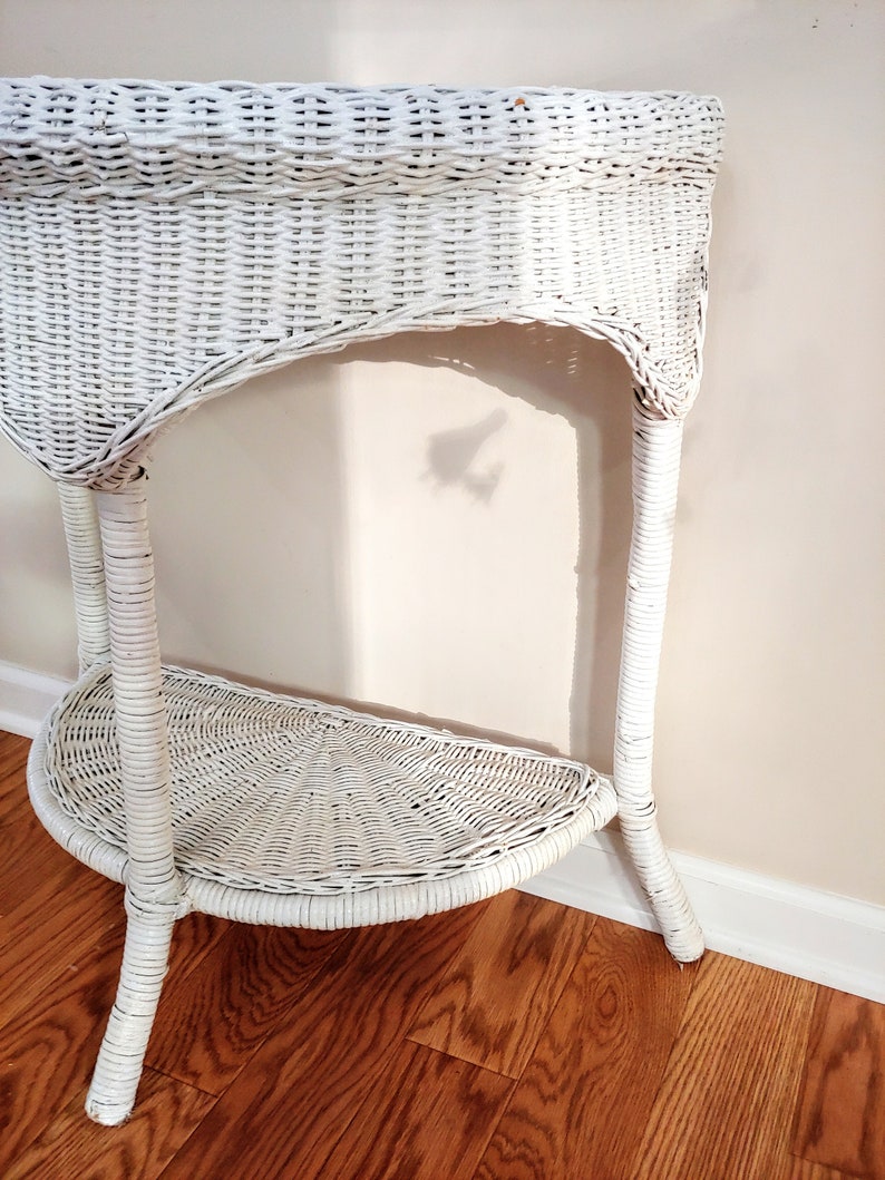 Vintage Half Round White Wooden Wicker Accent Table Half Circle Table ...
