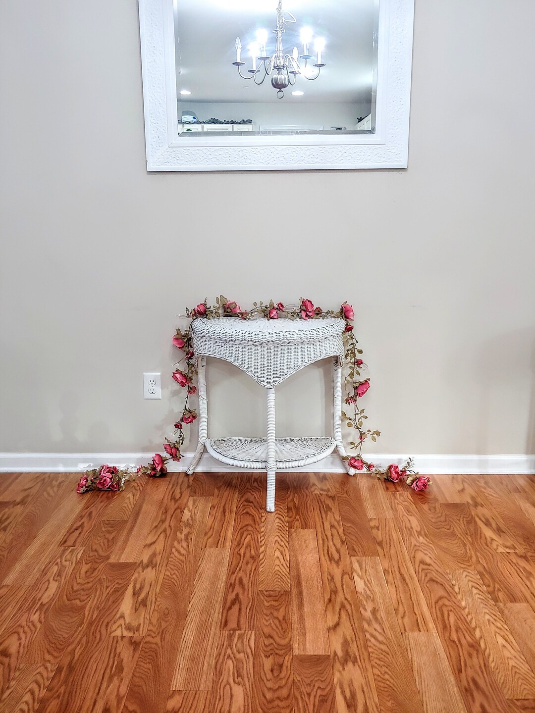 Vintage Half Round White Wooden Wicker Accent Table Half Circle Table ...