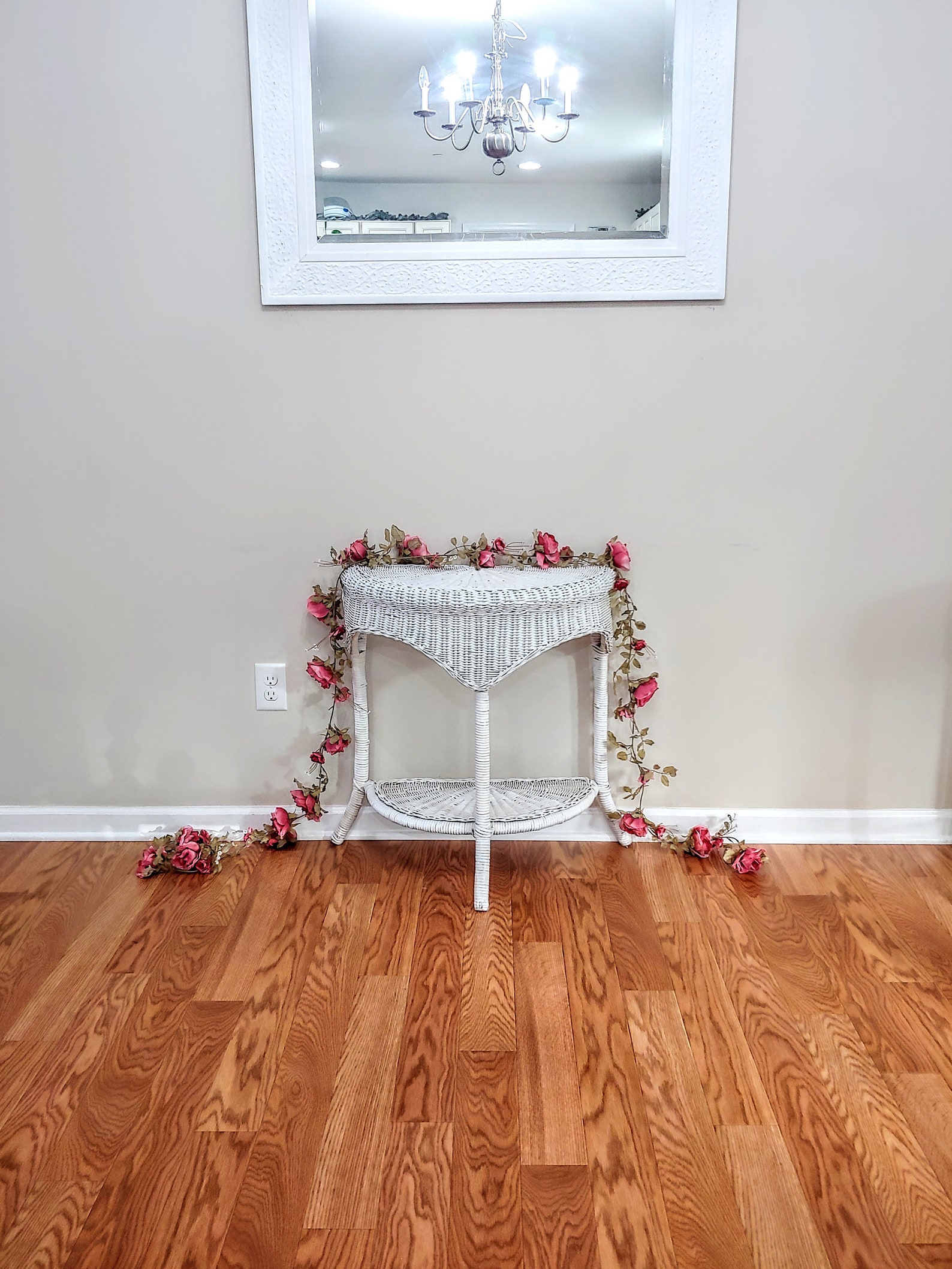 Vintage Half Round White Wooden Wicker Accent Table Half Circle Table ...