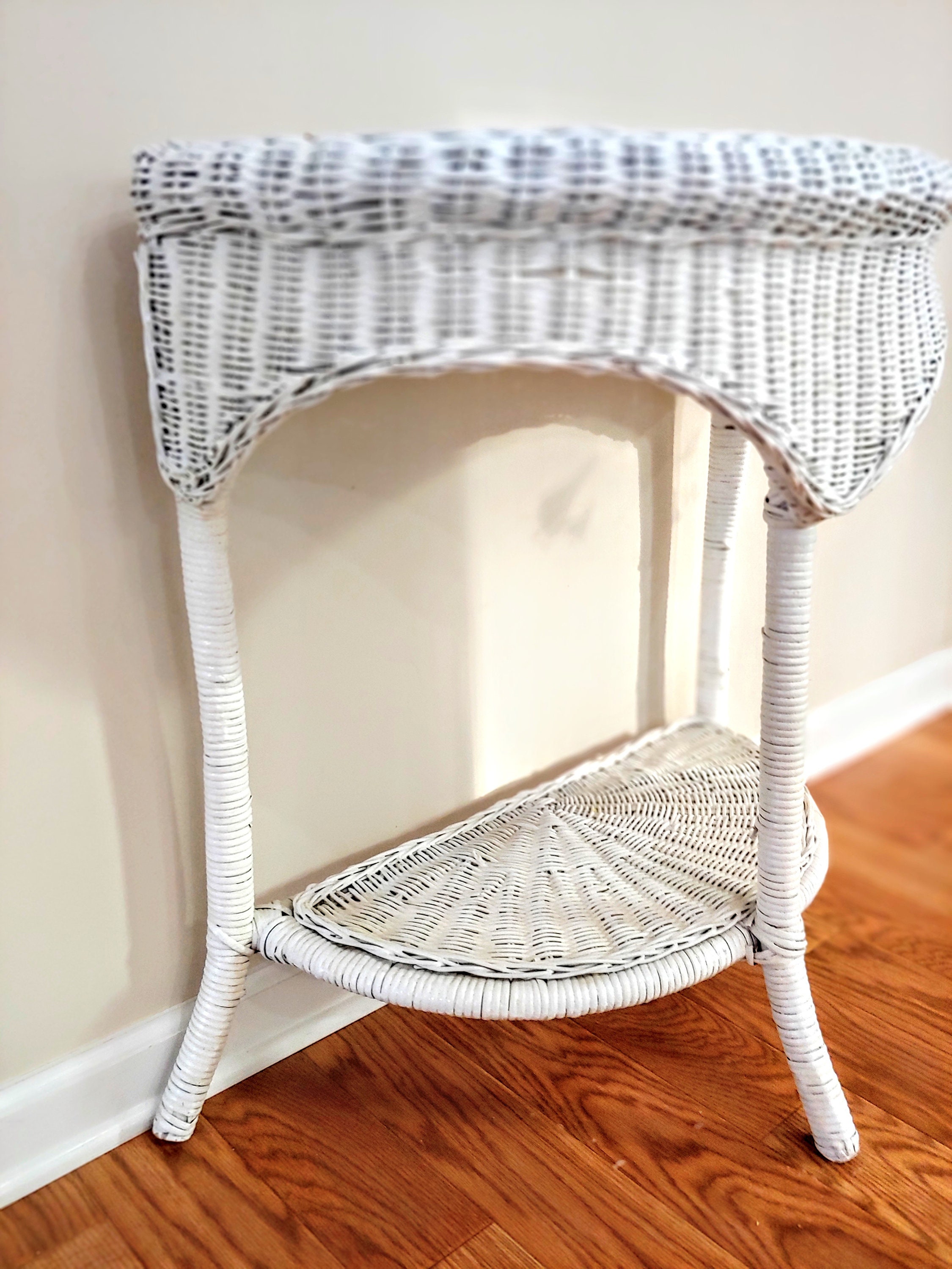 Vintage Half Round White Wooden Wicker Accent Table Half Circle Table ...