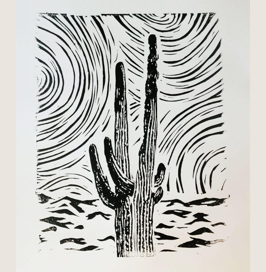Handmade Linocut & Print of Arizona, Saguaro, Custom Paper/ink, Hand ...