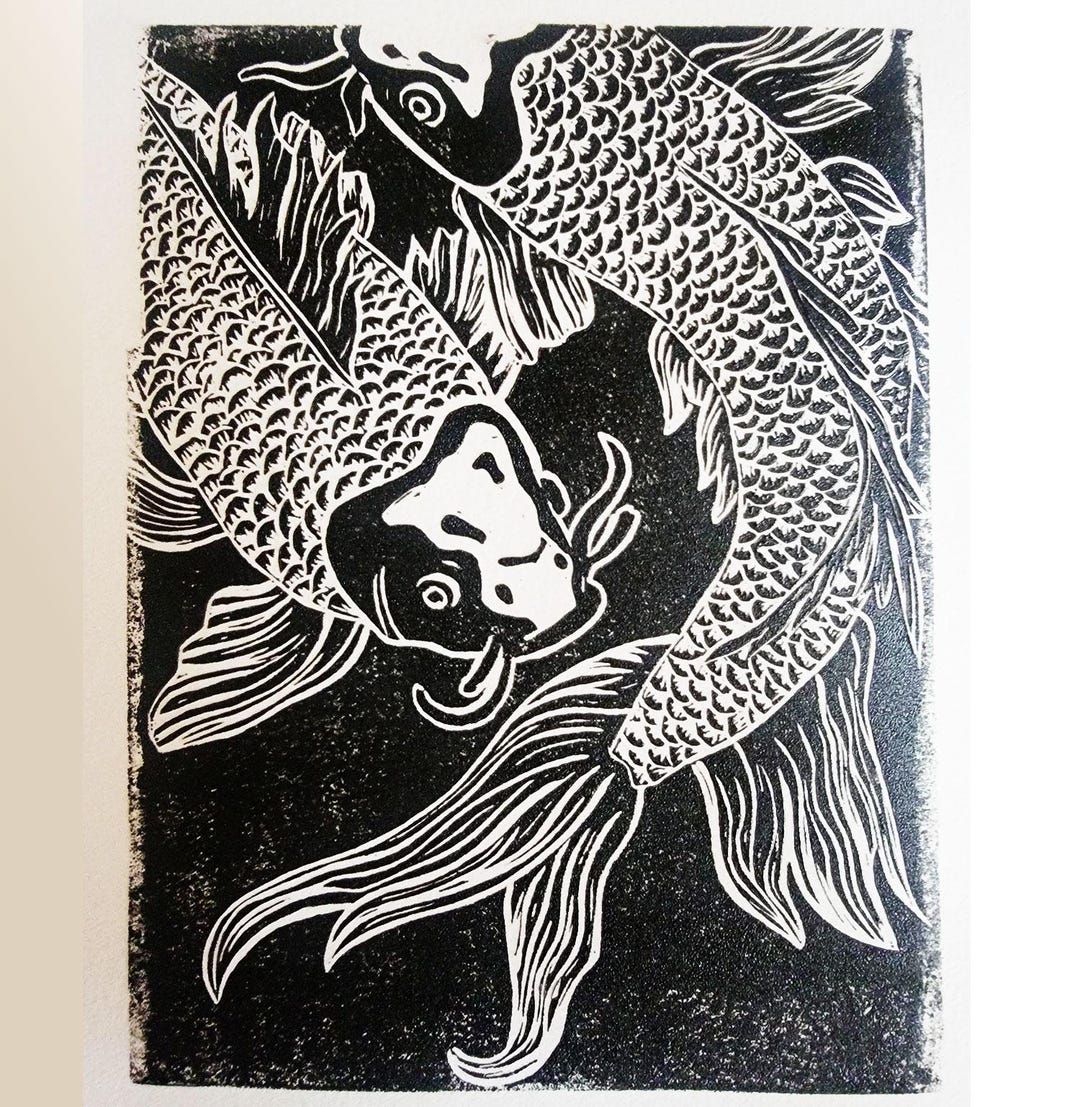 Koi Fish Handmade Linocut & Print, Handmade Paper, Hand Printed Ink ...