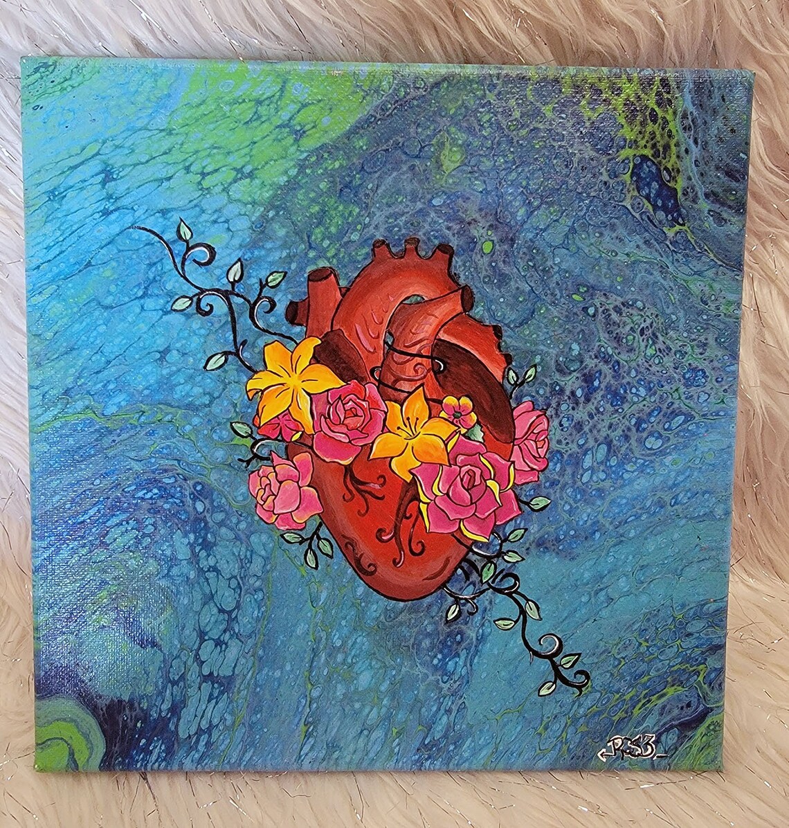 Anatomical Human Heart With Flowers Acrylic Pour Painting Unique Gift ...